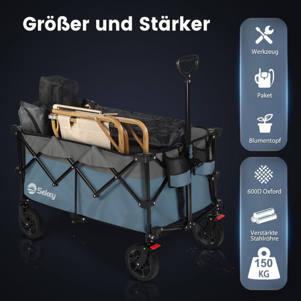 XXL Plus Faltbarer Bollerwagen mit Bremsen 200L, 200KG, Blau mit Grau kaufen